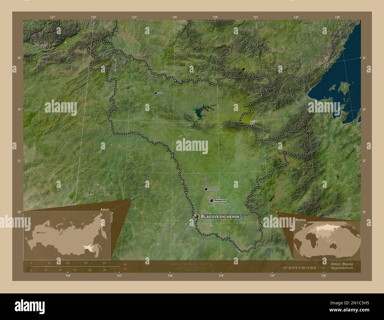 Amur, region of Russia. Low resolution satellite map. Locations and ...