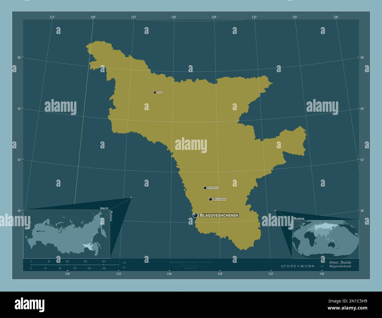 Amur, region of Russia. Solid color shape. Locations and names of major ...