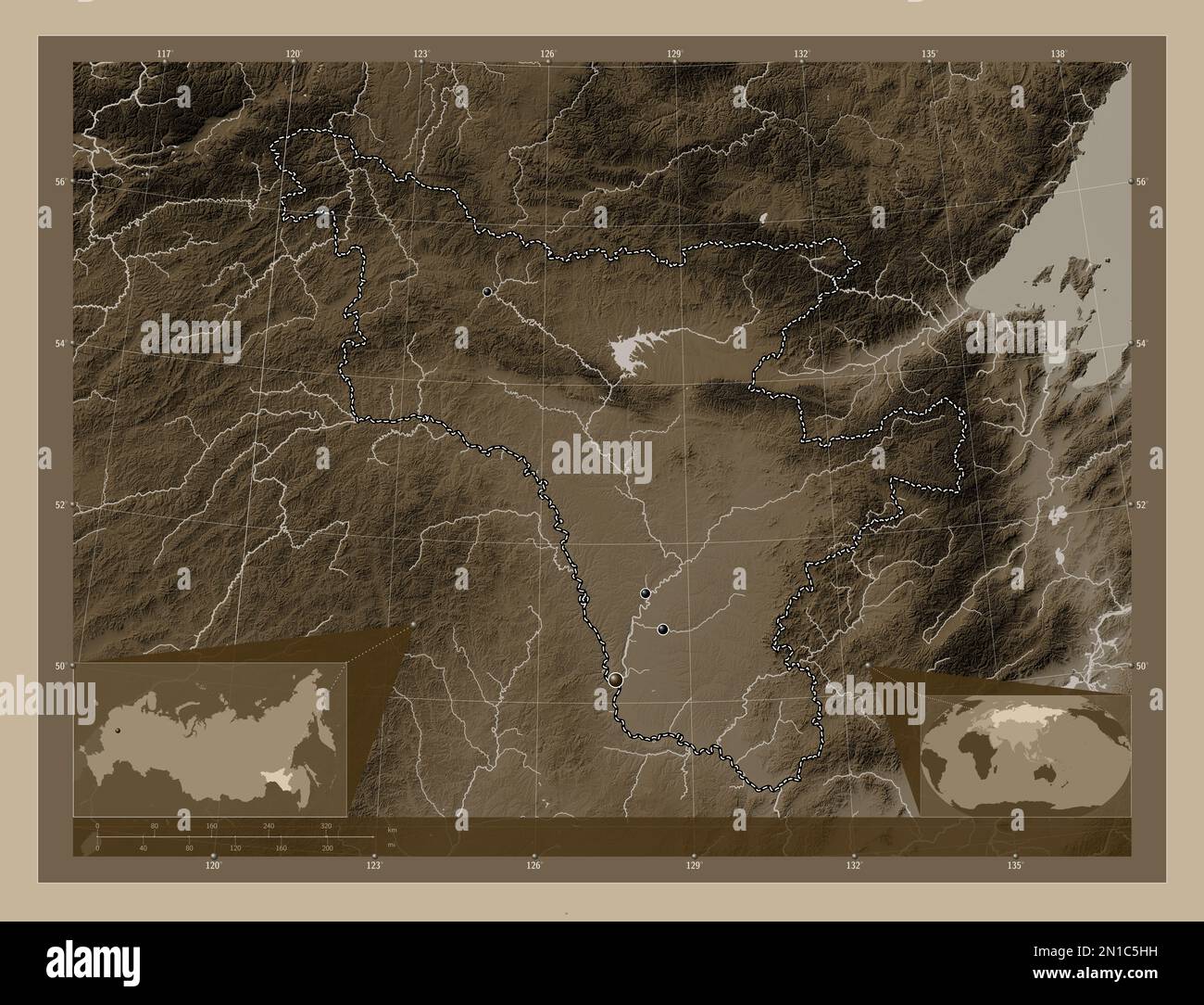 Amur, region of Russia. Elevation map colored in sepia tones with lakes ...