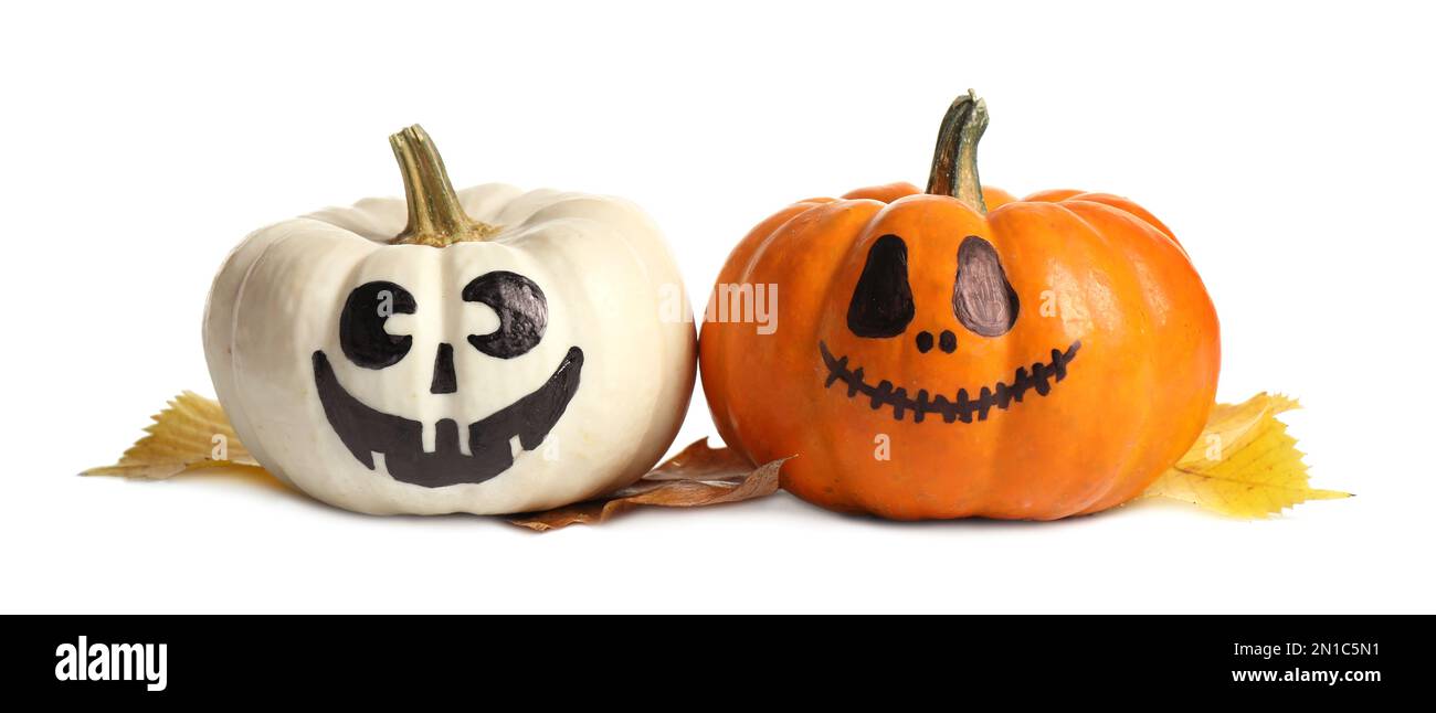 Cute Halloween pumpkins and autumn leaves on white background Stock ...