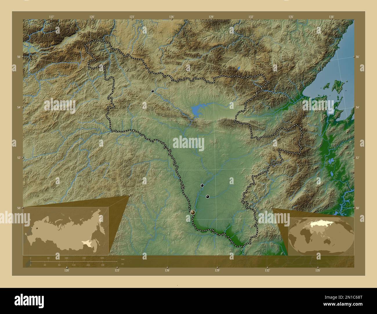 Amur, region of Russia. Colored elevation map with lakes and rivers ...