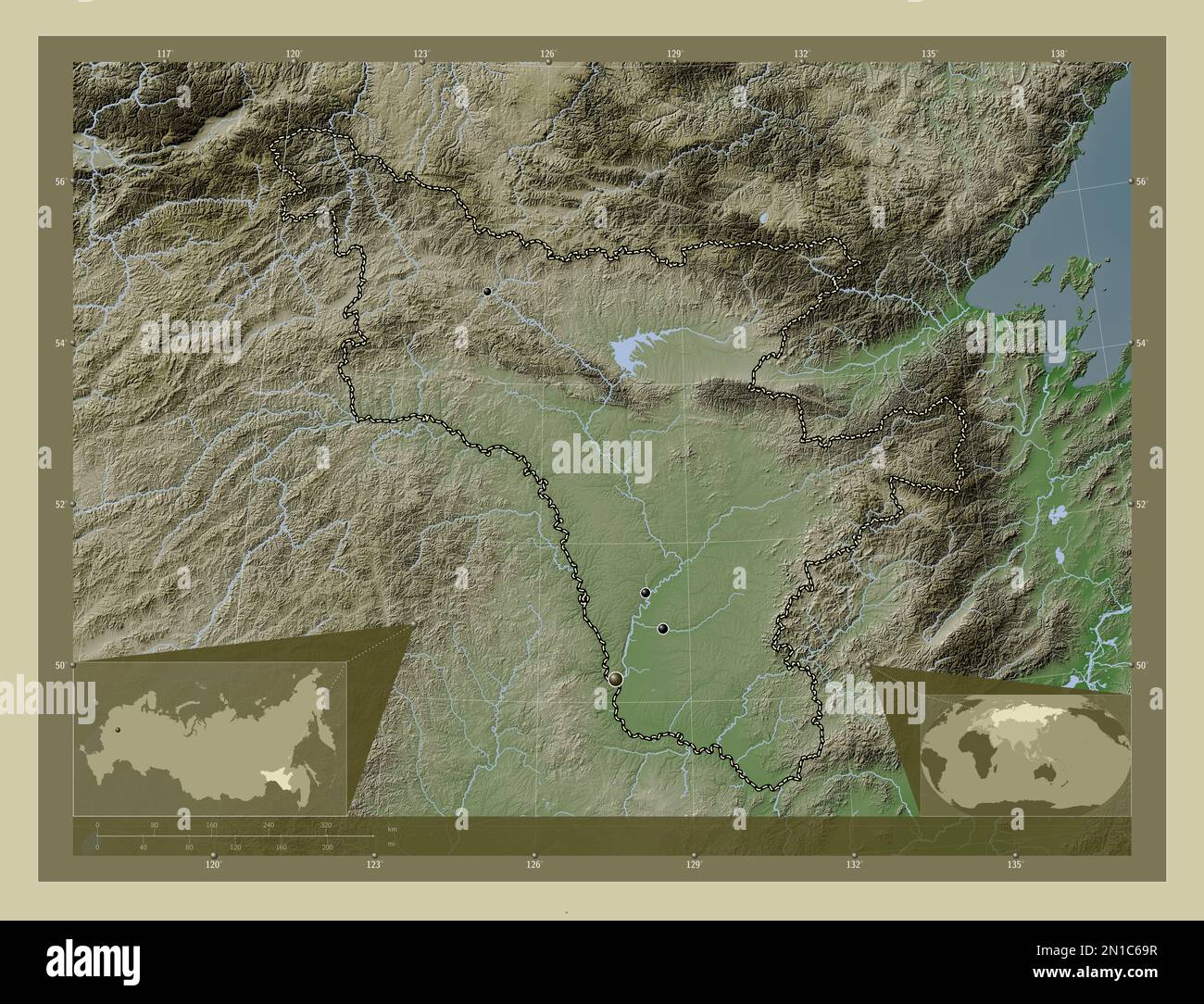 Amur, region of Russia. Elevation map colored in wiki style with lakes ...