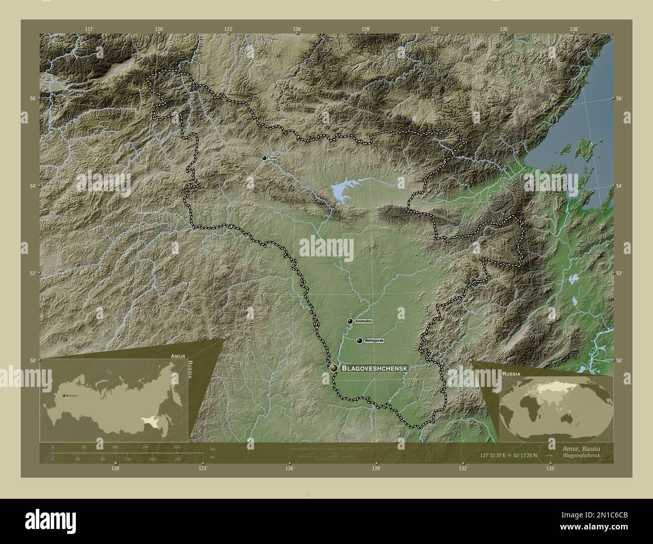 Amur, region of Russia. Elevation map colored in wiki style with lakes ...