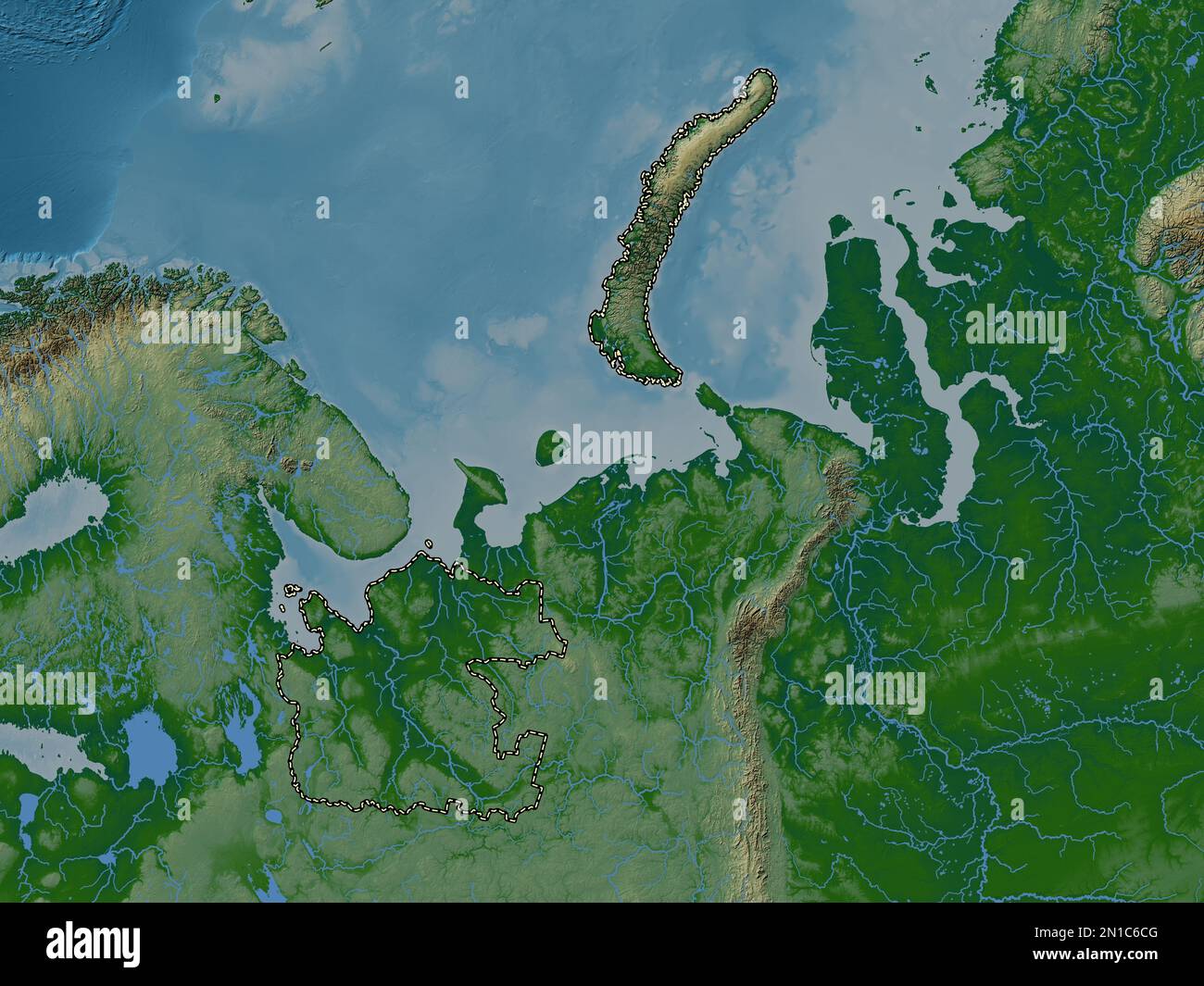 Arkhangel'sk, region of Russia. Colored elevation map with lakes and ...