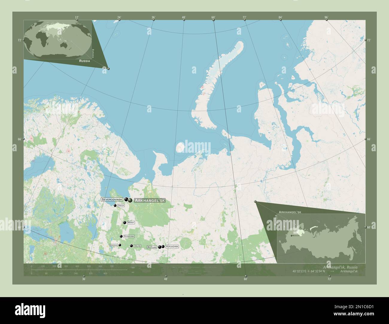 Arkhangel'sk, region of Russia. Open Street Map. Locations and names of ...