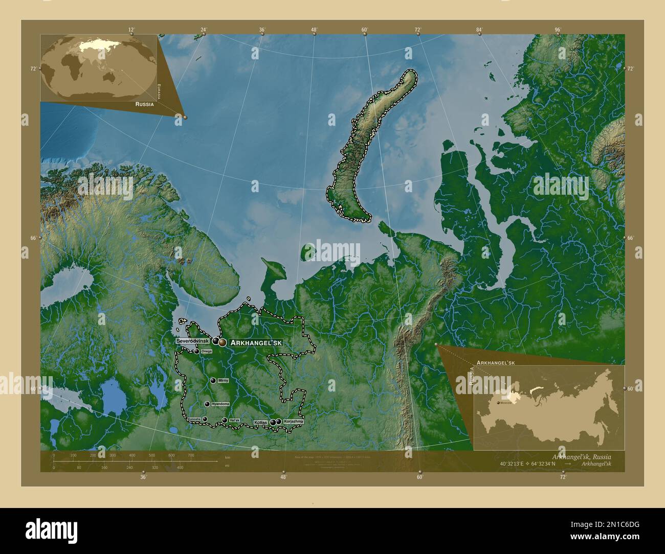 Arkhangel'sk, region of Russia. Colored elevation map with lakes and ...