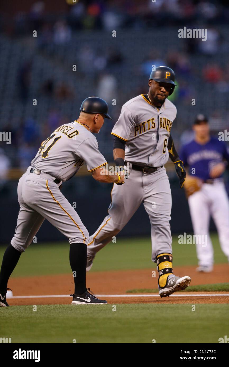 Pittsburgh Pirates third base coach Rick Sofield (41) congratulates ...