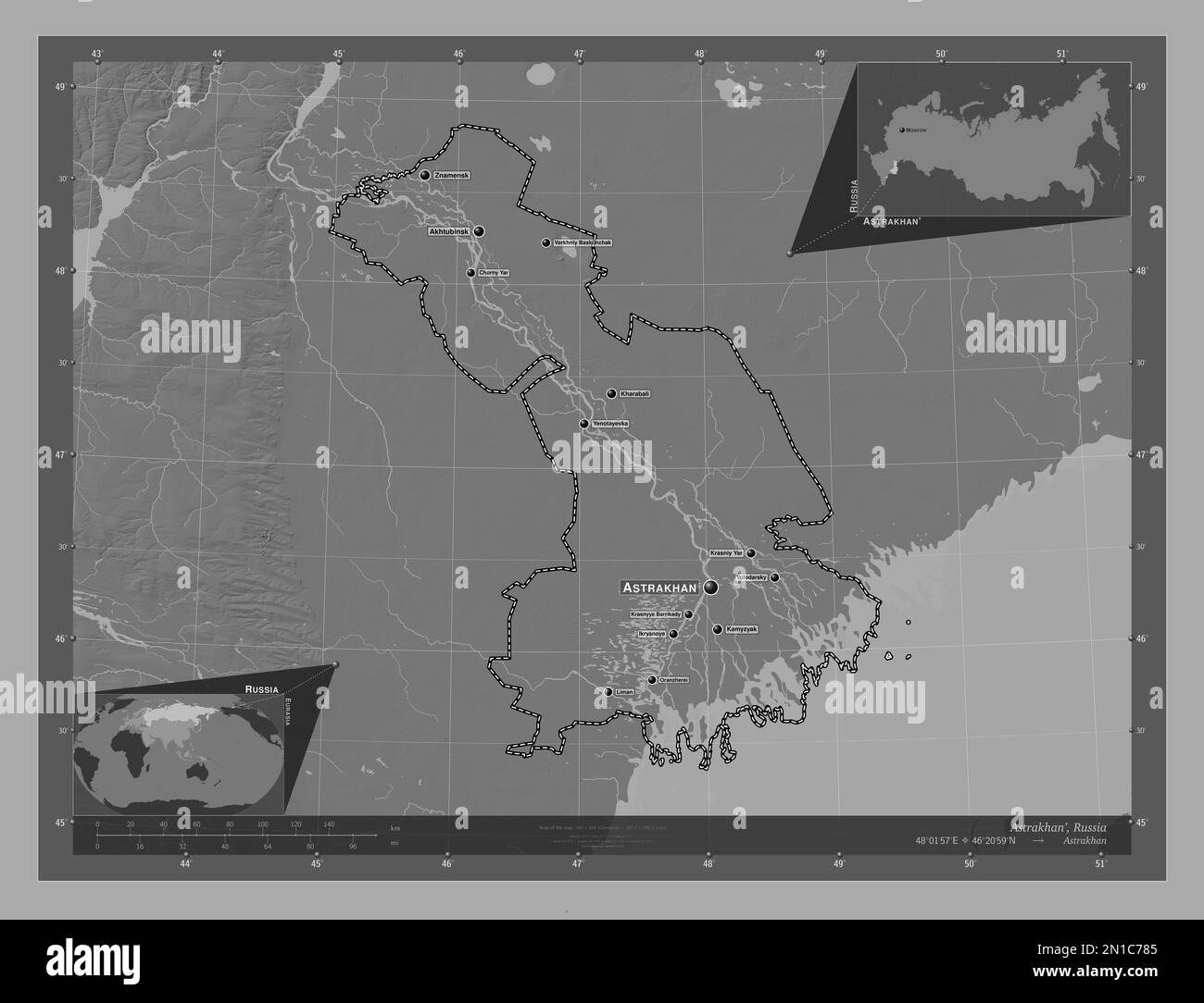 Astrakhan', region of Russia. Bilevel elevation map with lakes and ...