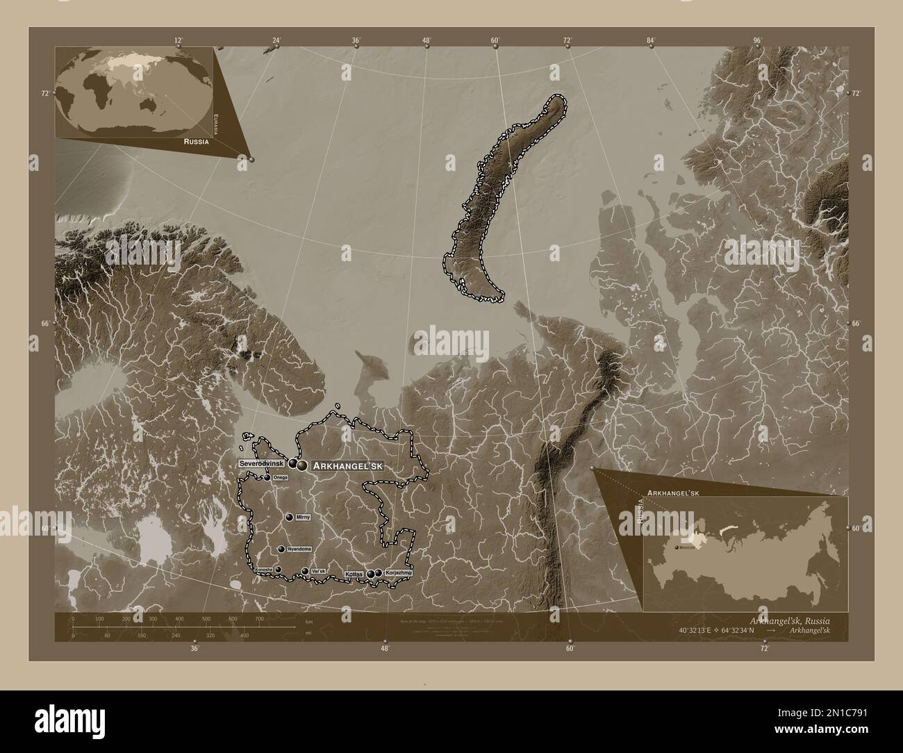 Arkhangel'sk, region of Russia. Elevation map colored in sepia tones ...