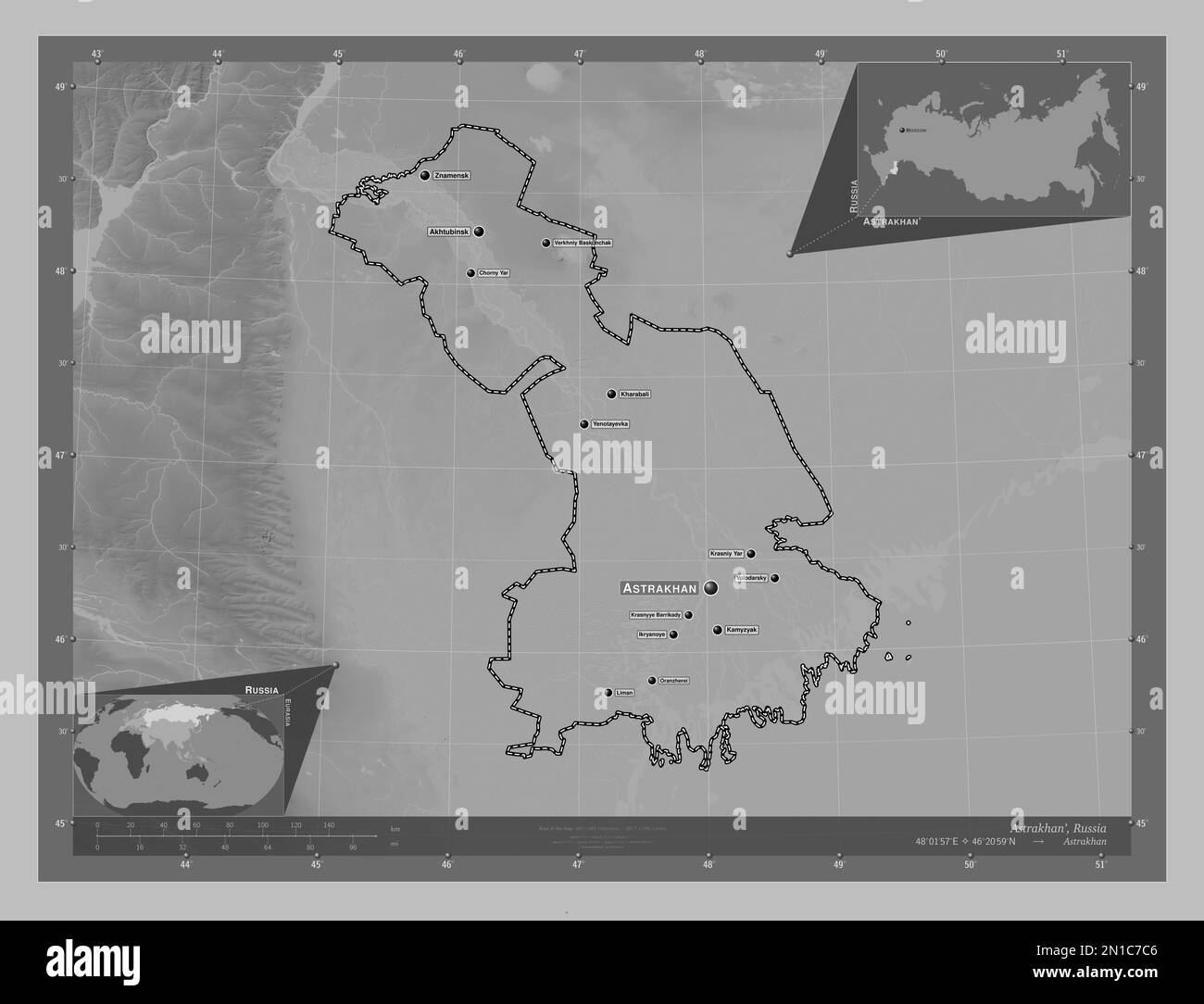 Astrakhan', region of Russia. Grayscale elevation map with lakes and ...