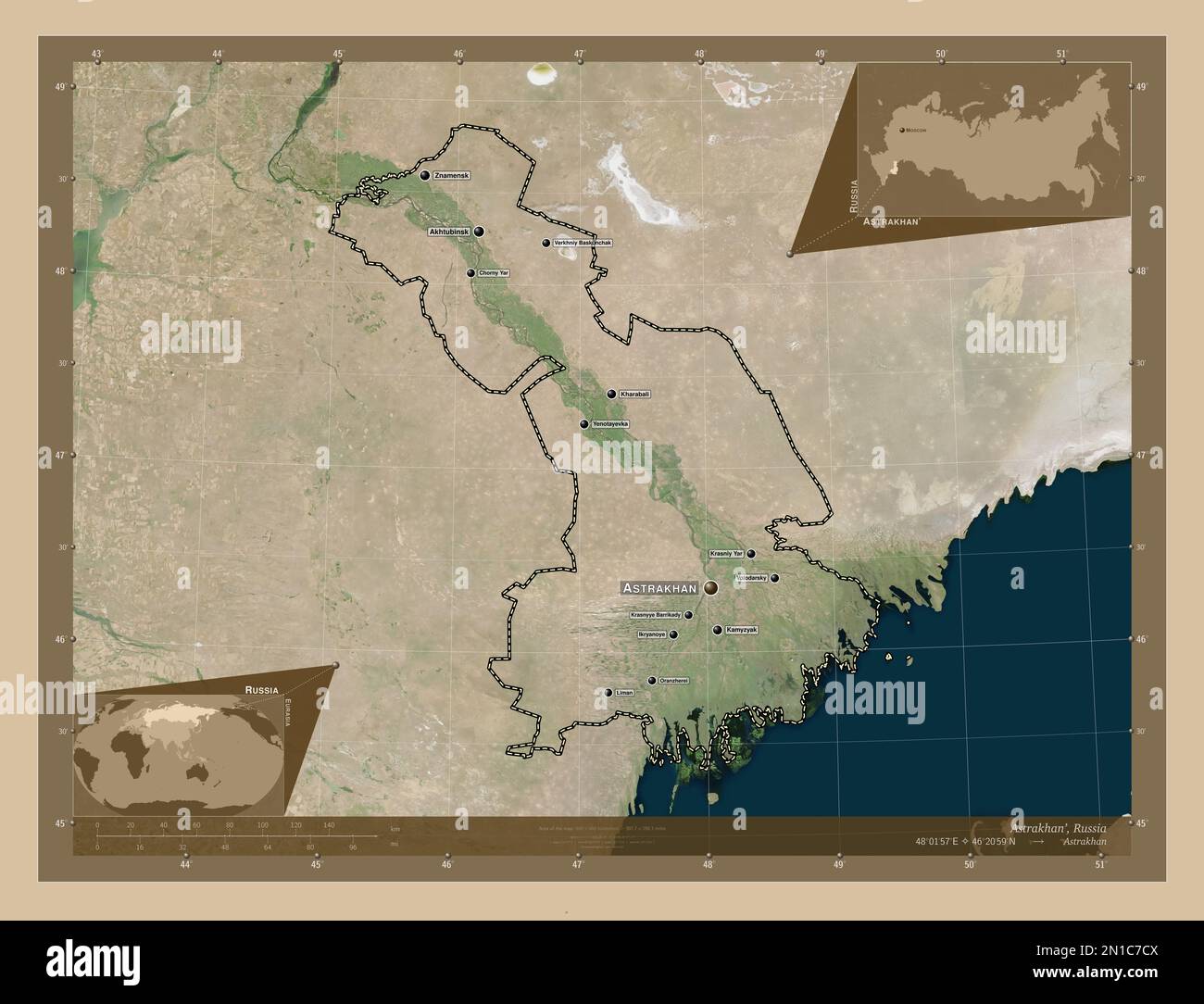 Astrakhan', region of Russia. Low resolution satellite map. Locations ...