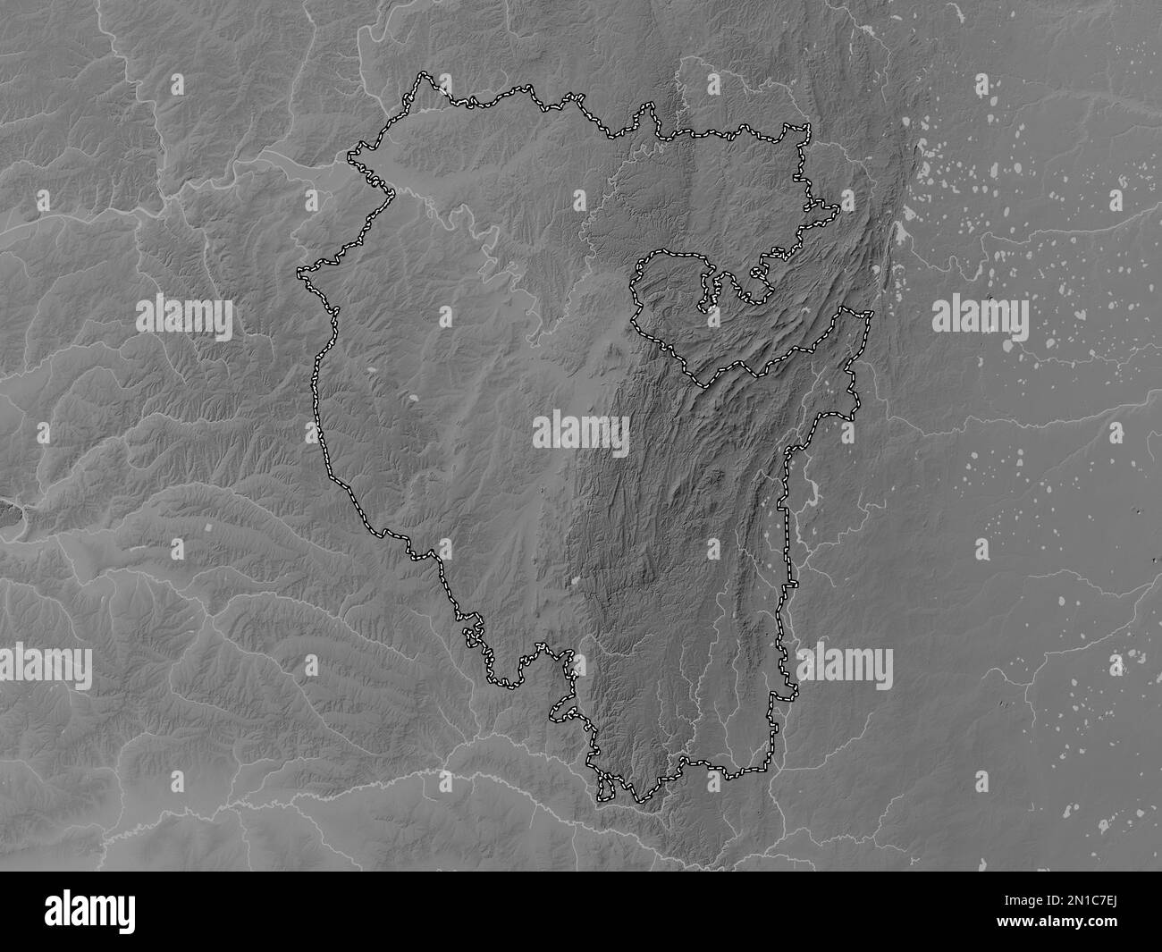 Bashkortostan, republic of Russia. Grayscale elevation map with lakes ...