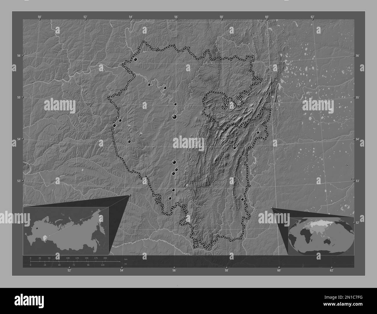 Bashkortostan, republic of Russia. Bilevel elevation map with lakes and ...