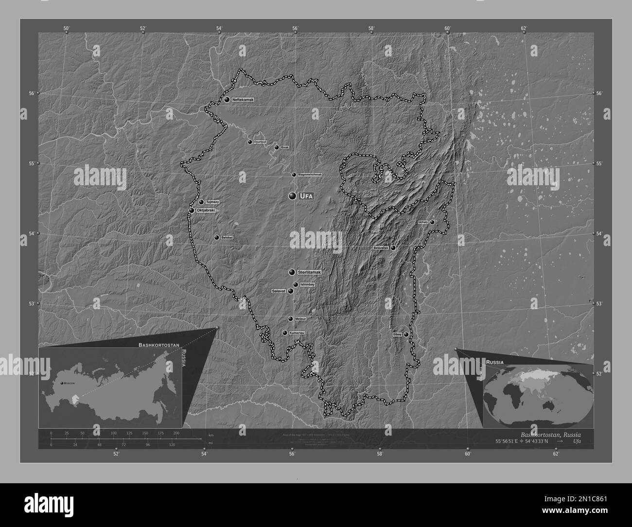Bashkortostan, republic of Russia. Bilevel elevation map with lakes and ...