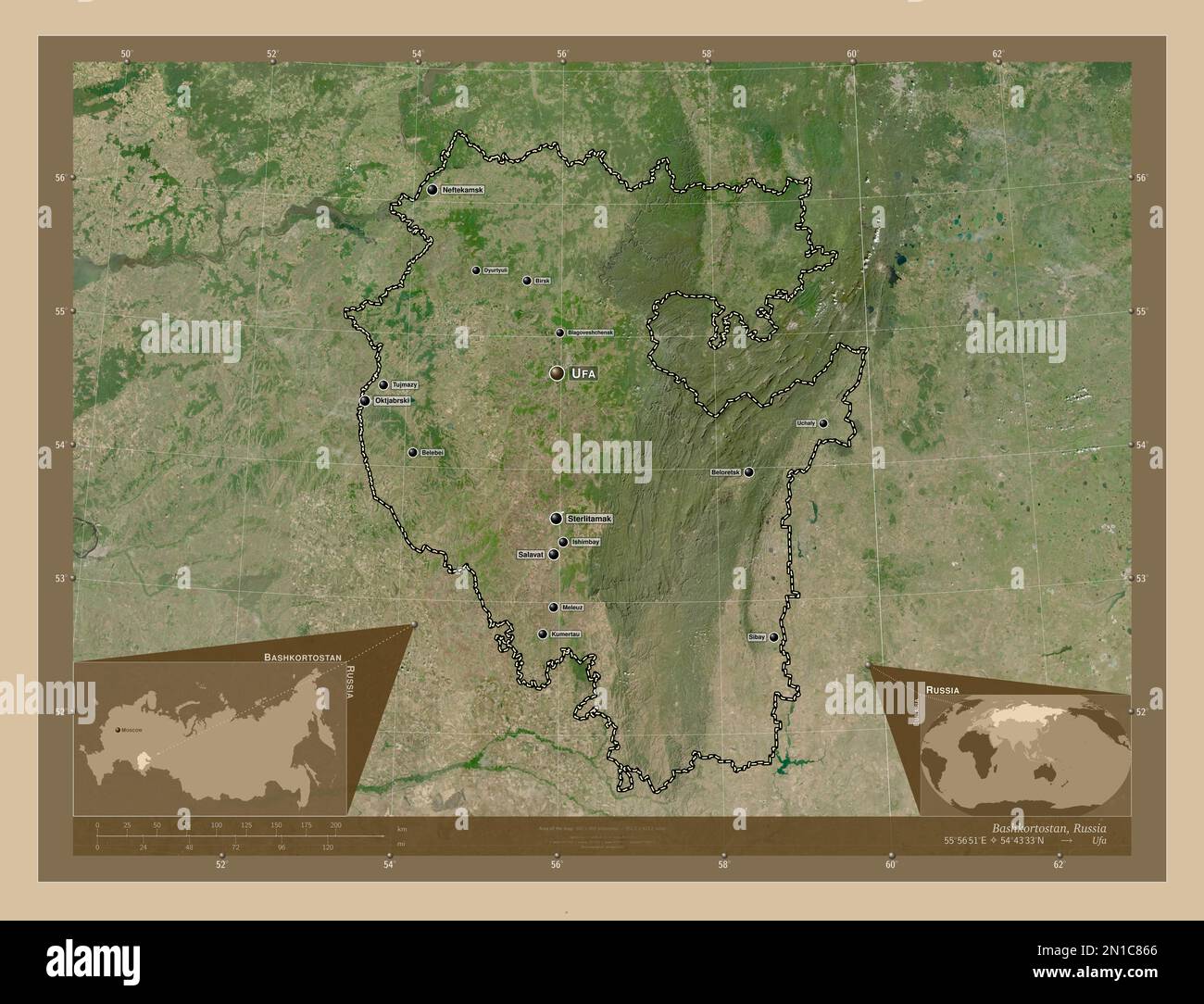 Bashkortostan, republic of Russia. Low resolution satellite map ...