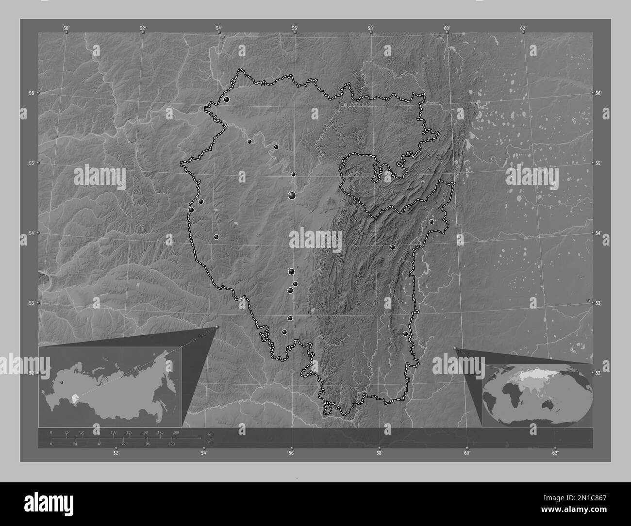 Bashkortostan, republic of Russia. Grayscale elevation map with lakes ...