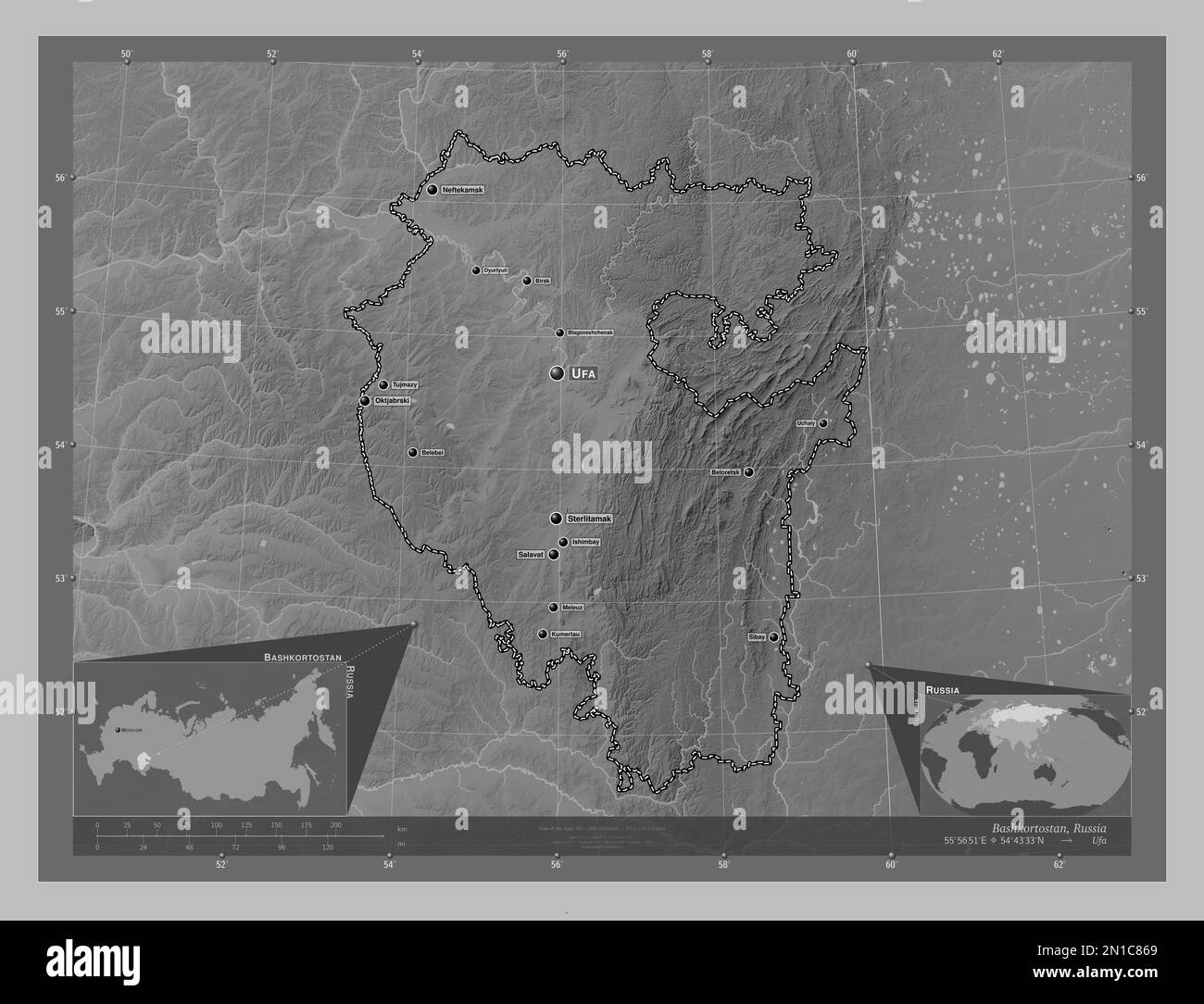 Bashkortostan, republic of Russia. Grayscale elevation map with lakes ...