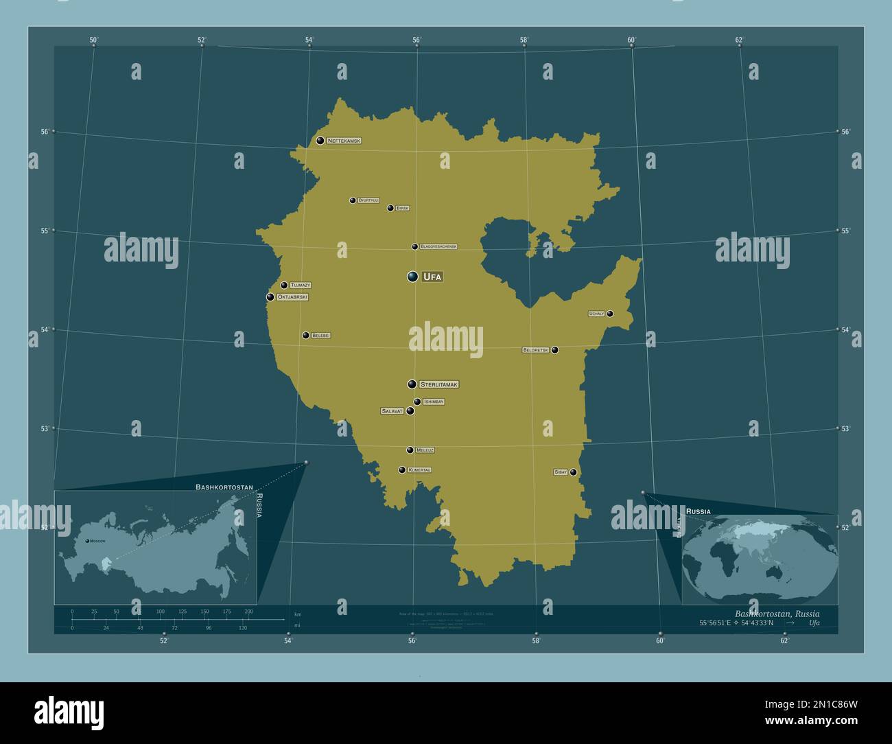 Bashkortostan, republic of Russia. Solid color shape. Locations and ...