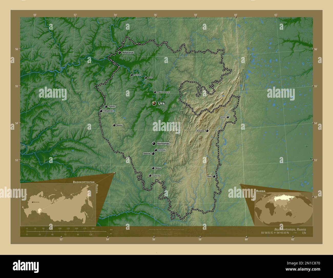 Bashkortostan, republic of Russia. Colored elevation map with lakes and ...
