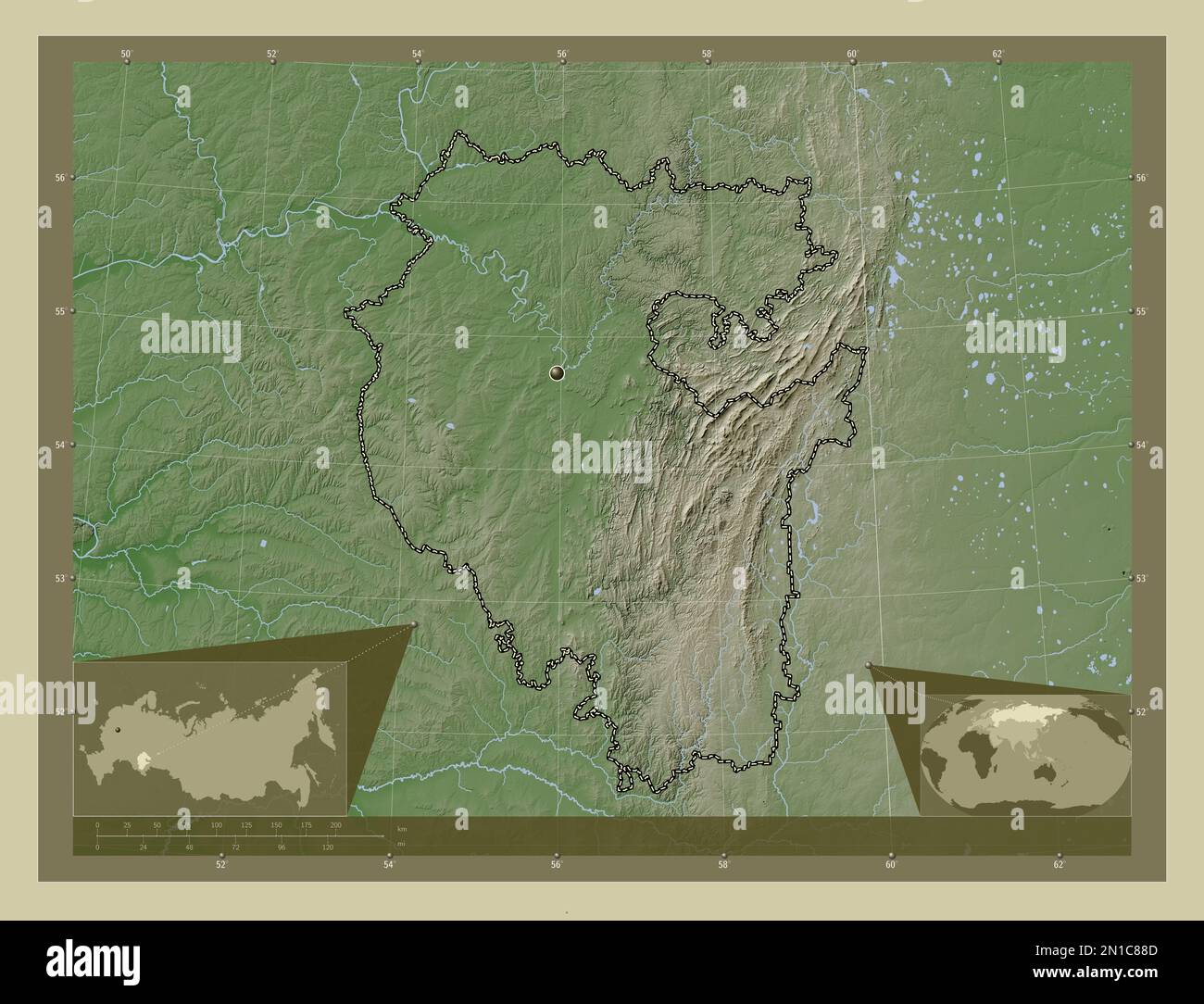 Bashkortostan, republic of Russia. Elevation map colored in wiki style ...