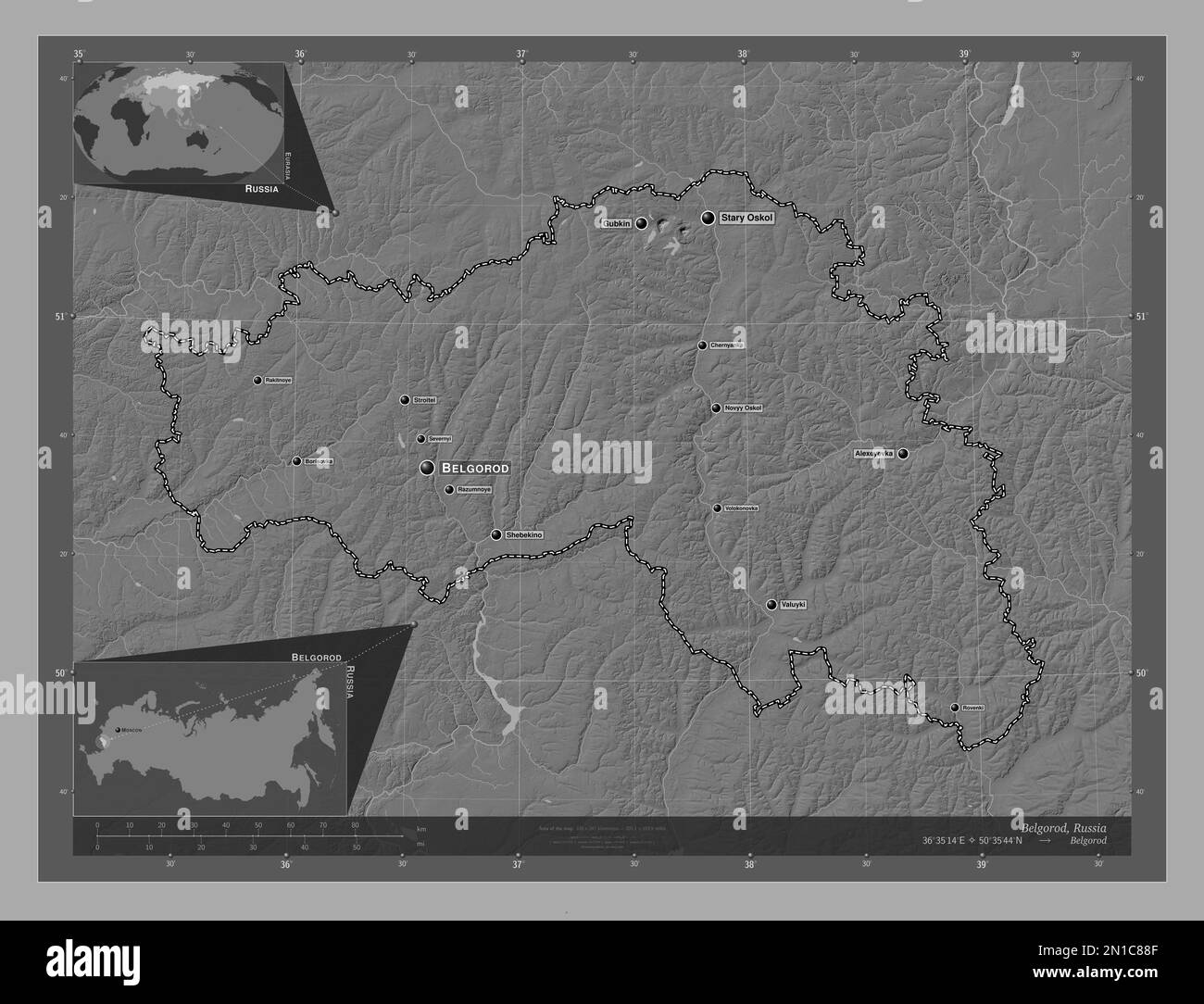 Belgorod, region of Russia. Bilevel elevation map with lakes and rivers ...