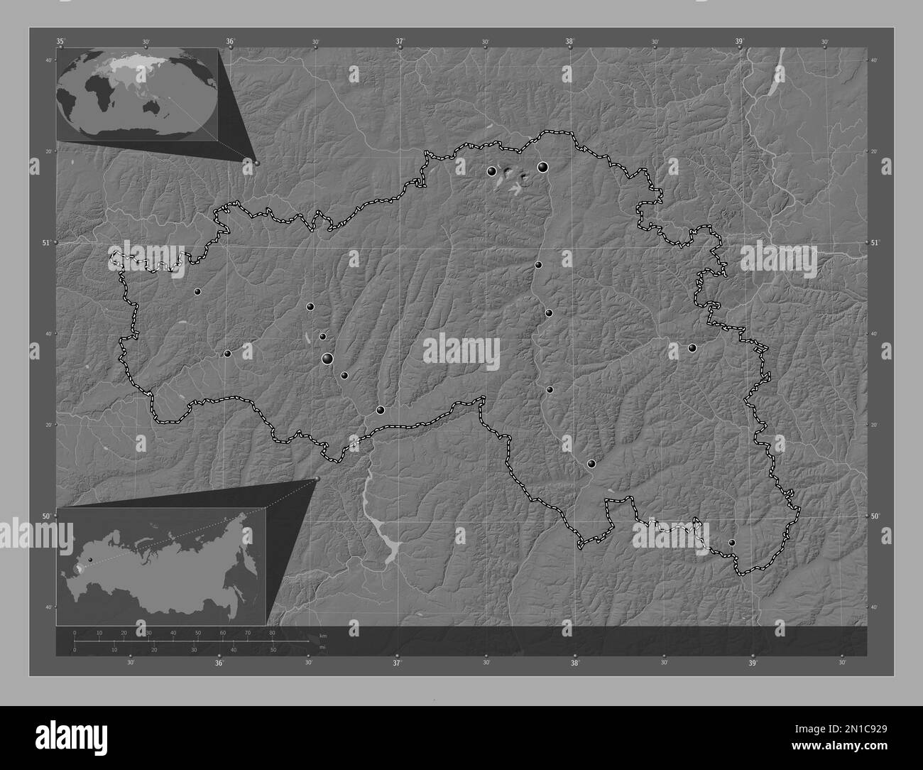 Belgorod, region of Russia. Bilevel elevation map with lakes and rivers ...