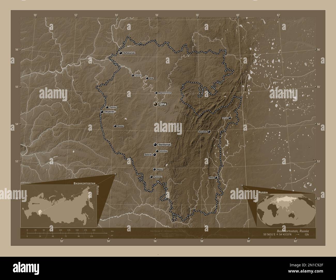 Bashkortostan, republic of Russia. Elevation map colored in sepia tones ...