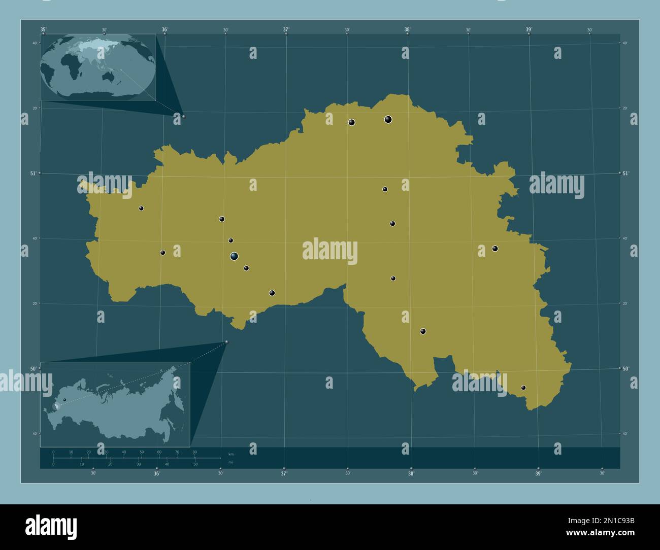 Belgorod, region of Russia. Solid color shape. Locations of major ...