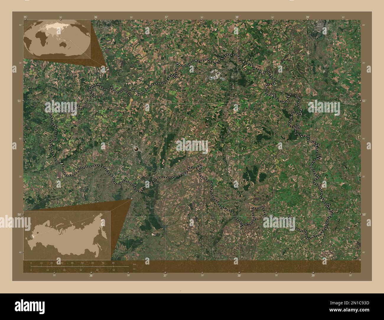 Belgorod, region of Russia. Low resolution satellite map. Corner ...