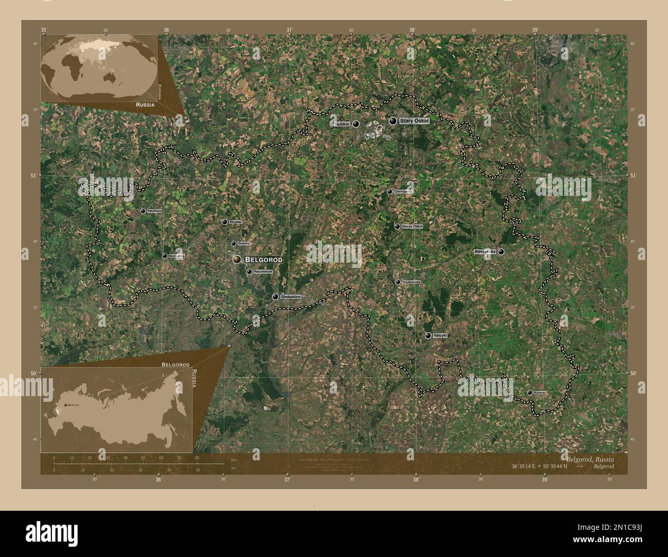Belgorod, region of Russia. Low resolution satellite map. Locations and ...
