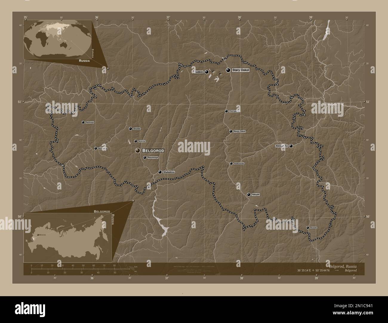 Belgorod, region of Russia. Elevation map colored in sepia tones with ...