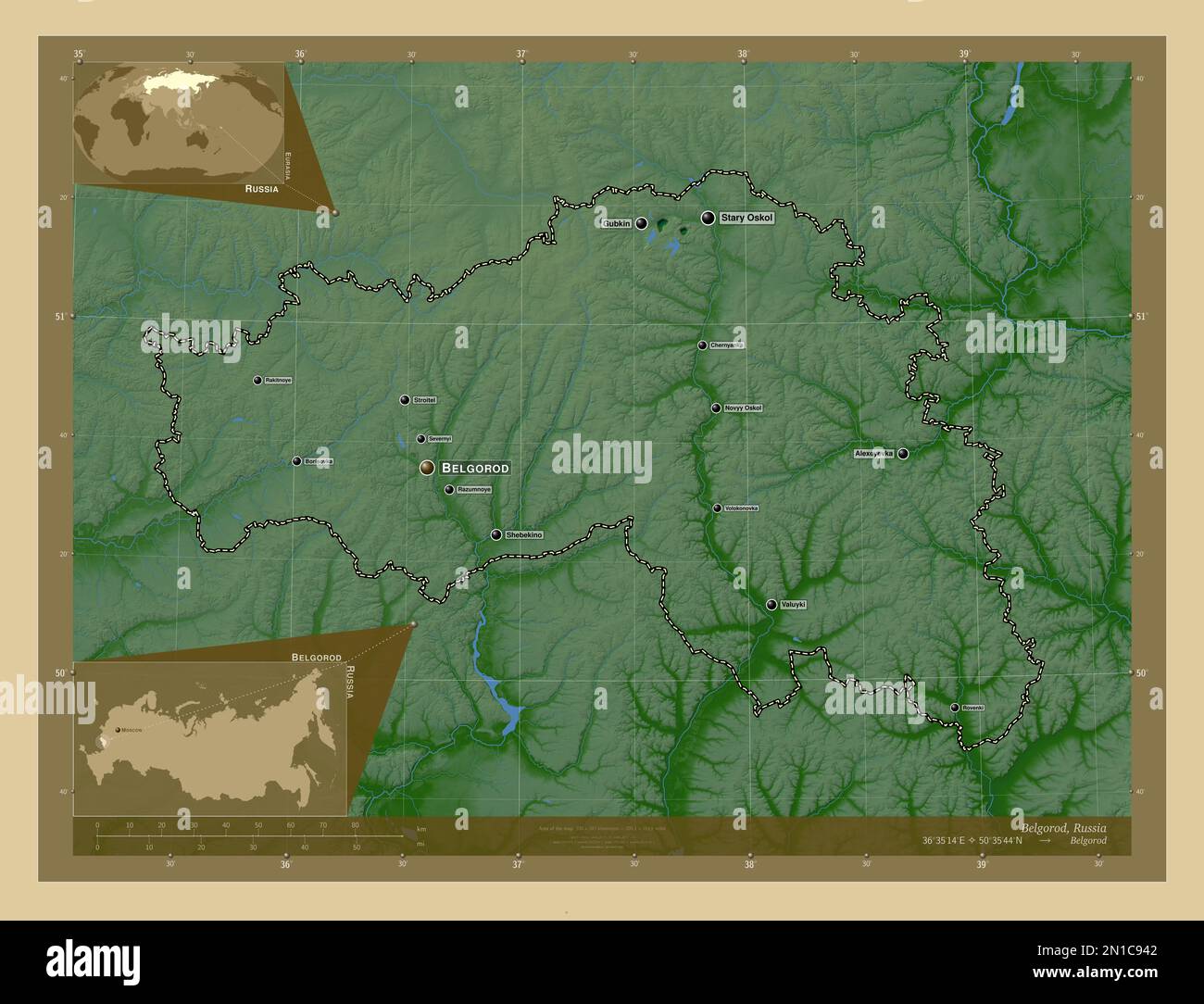 Belgorod, region of Russia. Colored elevation map with lakes and rivers ...