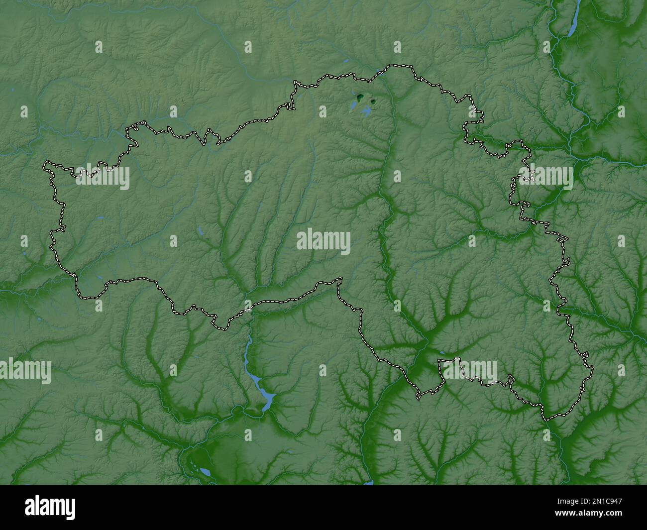 Belgorod, region of Russia. Colored elevation map with lakes and rivers ...
