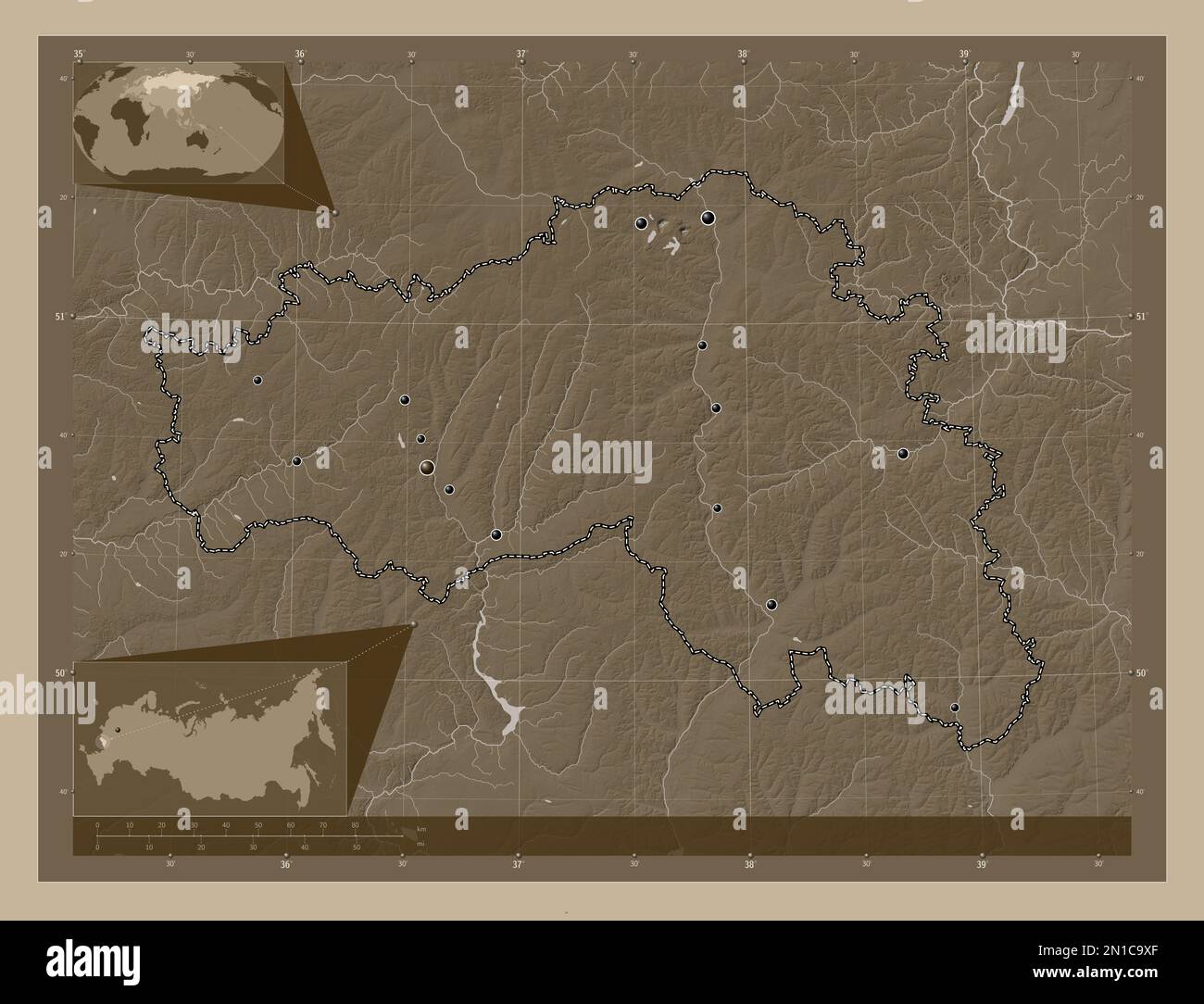 Belgorod, region of Russia. Elevation map colored in sepia tones with ...
