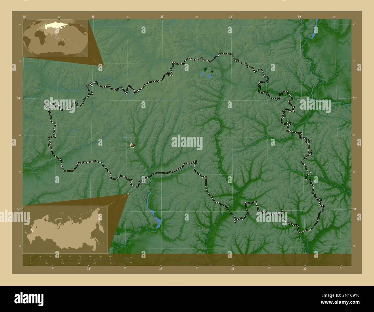 Belgorod, region of Russia. Colored elevation map with lakes and rivers ...