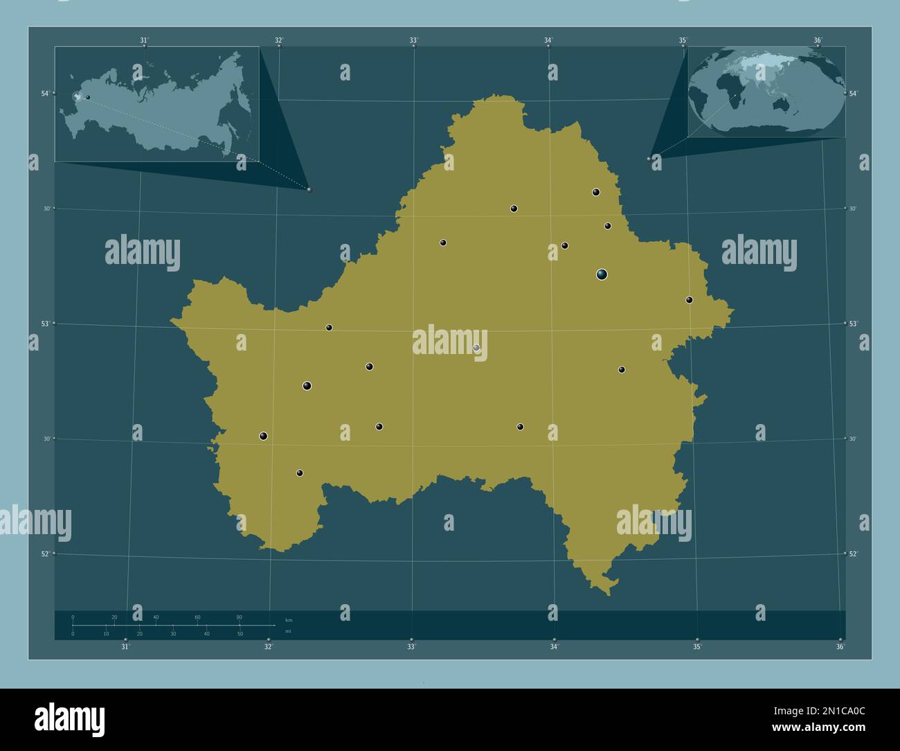 Bryansk, region of Russia. Solid color shape. Locations of major cities ...
