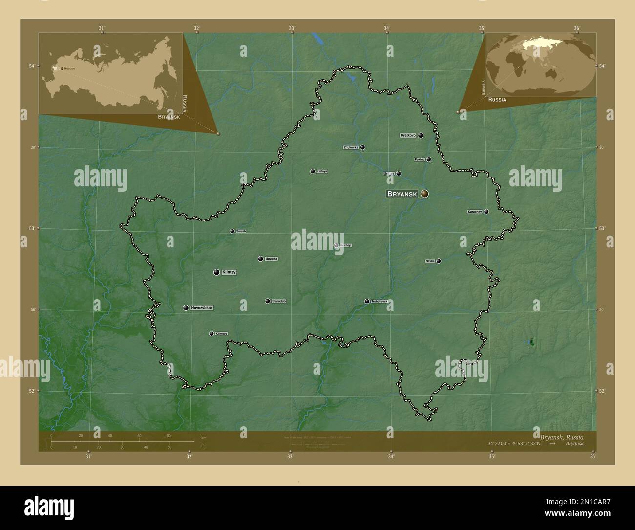 Bryansk, region of Russia. Colored elevation map with lakes and rivers ...