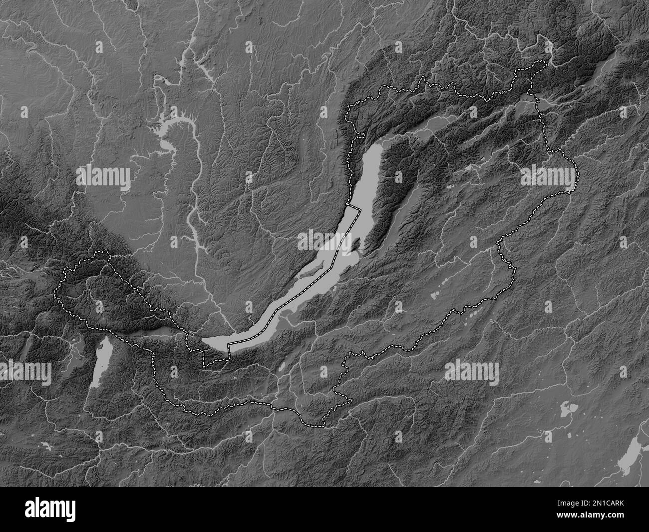 Buryat, republic of Russia. Grayscale elevation map with lakes and ...