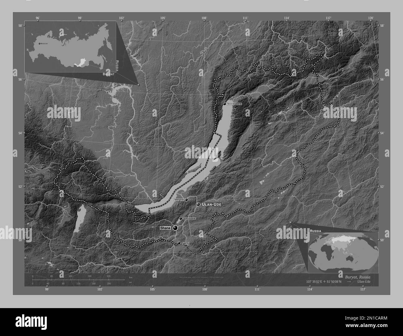 Buryat, republic of Russia. Grayscale elevation map with lakes and ...