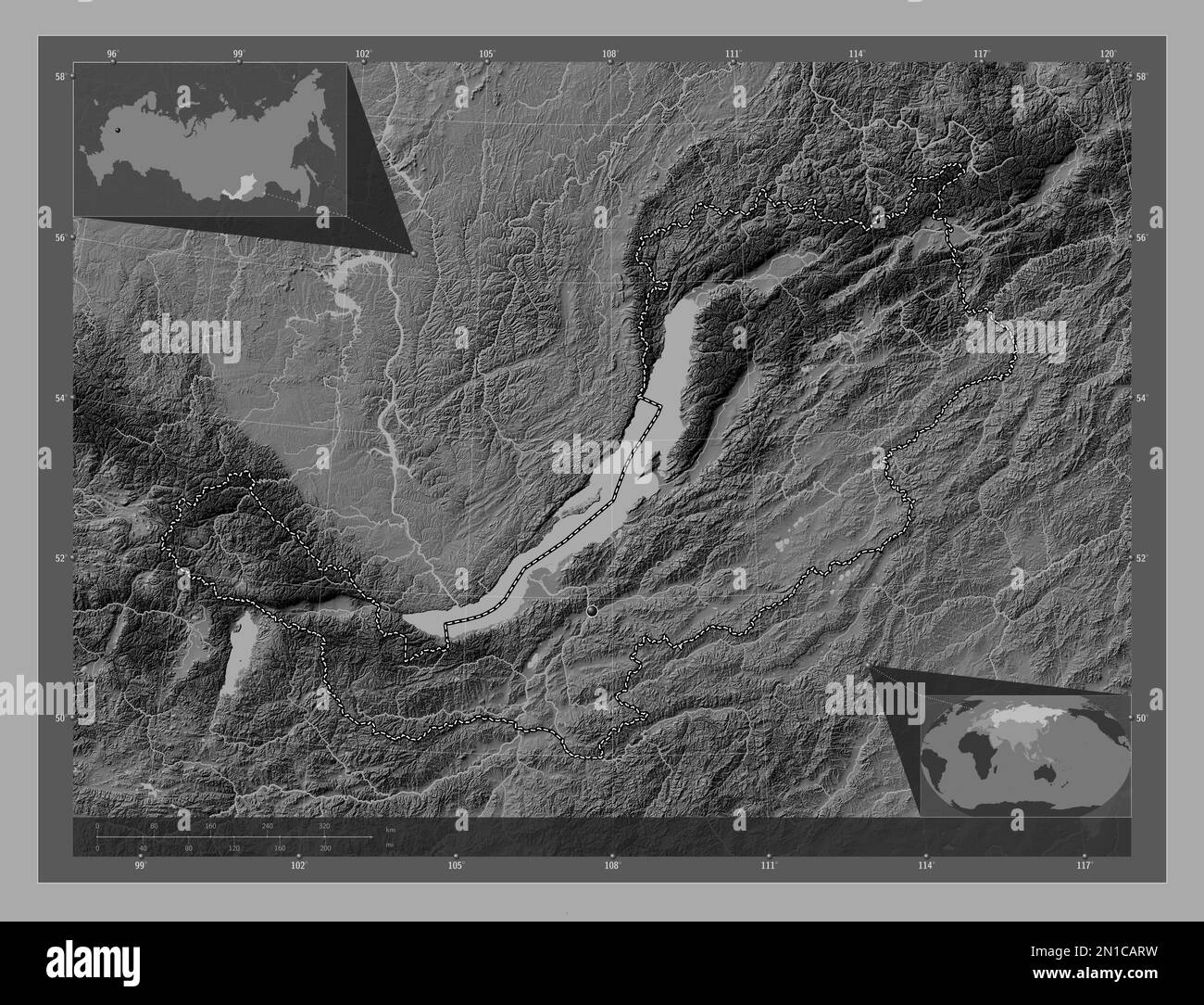Buryat, republic of Russia. Bilevel elevation map with lakes and rivers ...
