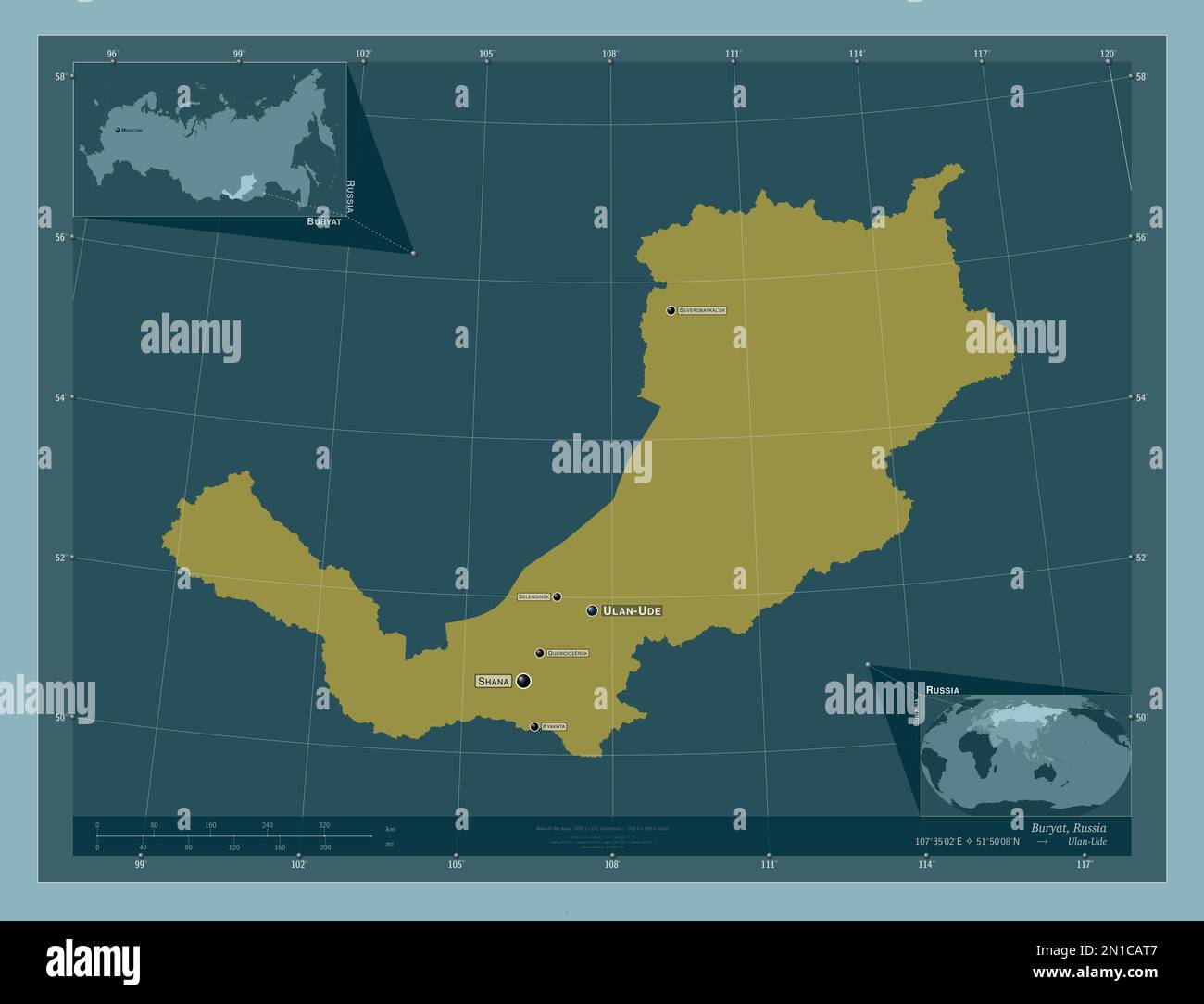 Buryat, republic of Russia. Solid color shape. Locations and names of ...