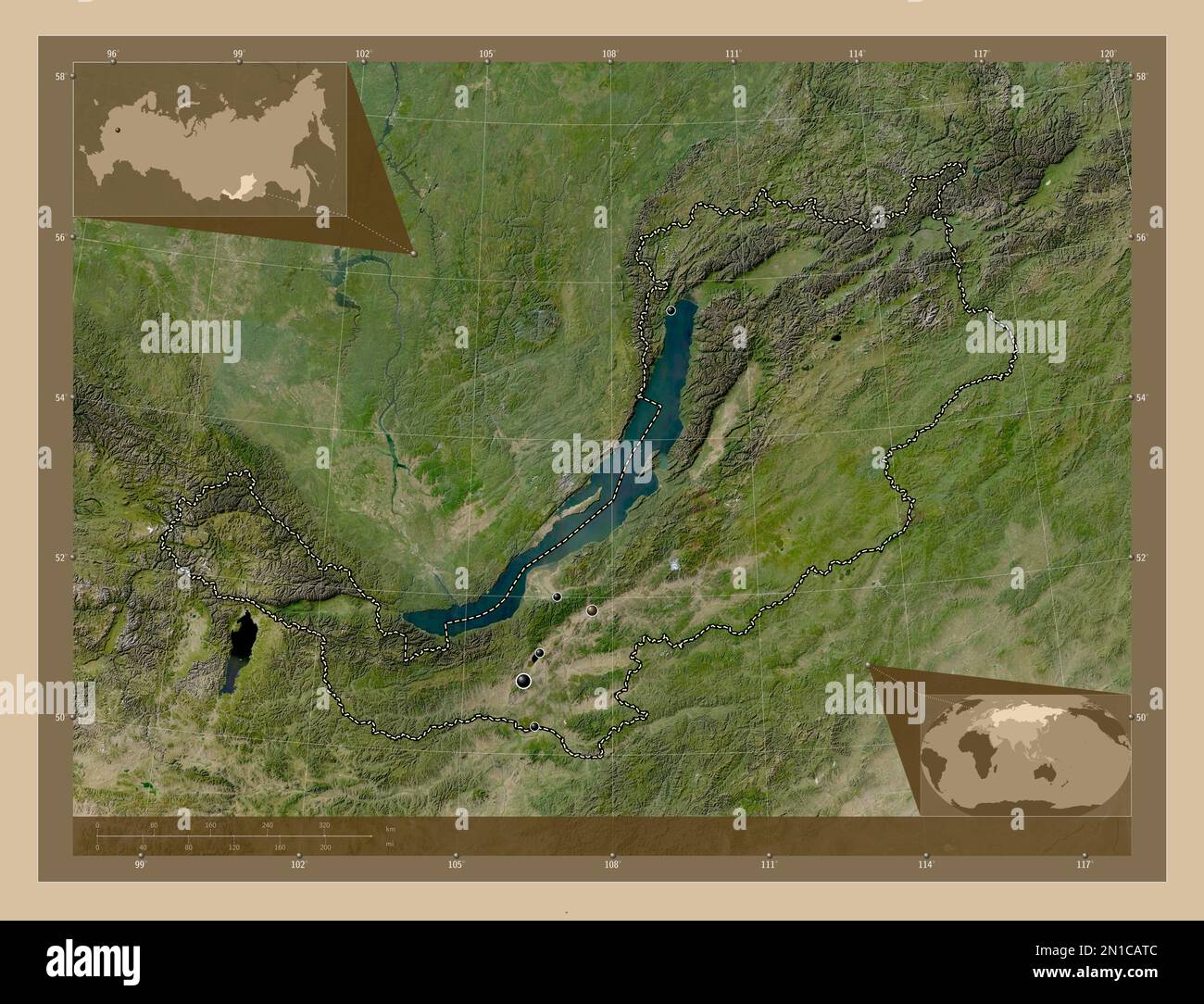 Buryat, republic of Russia. Low resolution satellite map. Locations of ...