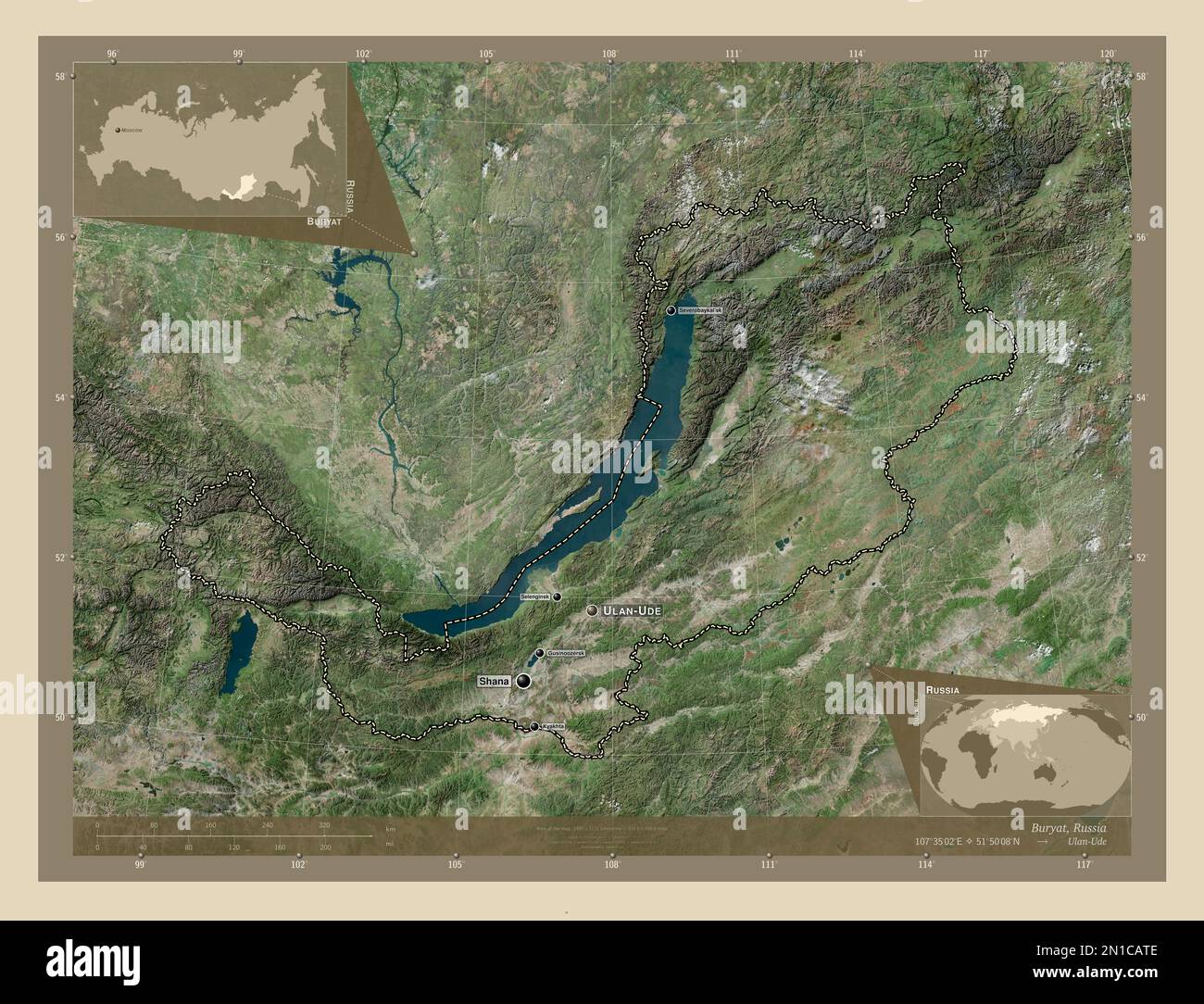 Buryat, republic of Russia. High resolution satellite map. Locations ...