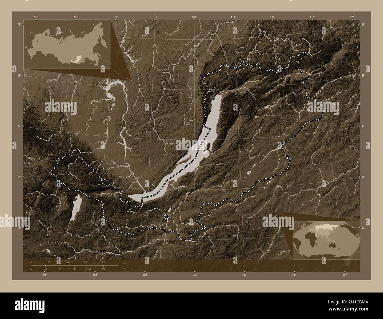 Buryat, republic of Russia. Elevation map colored in sepia tones with ...