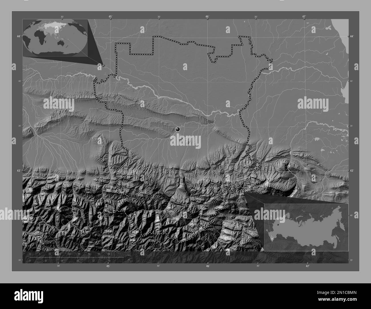 Chechnya, republic of Russia. Bilevel elevation map with lakes and ...