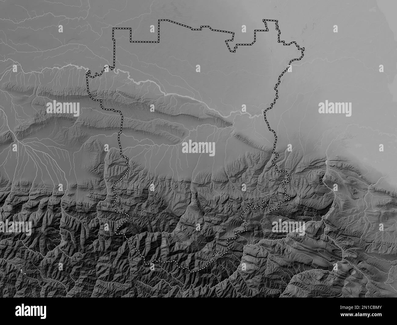 Chechnya, republic of Russia. Grayscale elevation map with lakes and ...