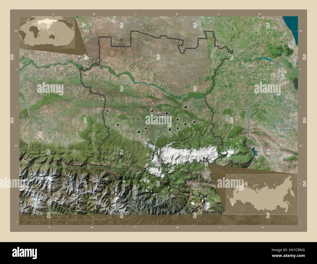 Chechnya, republic of Russia. High resolution satellite map. Locations ...