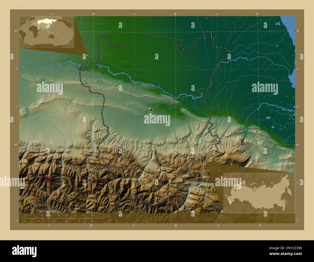 Chechnya, republic of Russia. Colored elevation map with lakes and ...