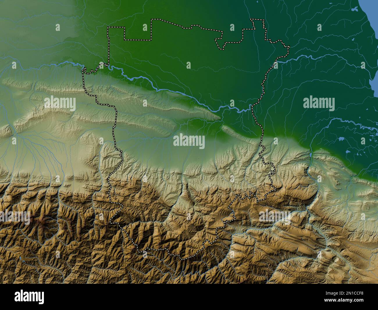 Chechnya, republic of Russia. Colored elevation map with lakes and ...