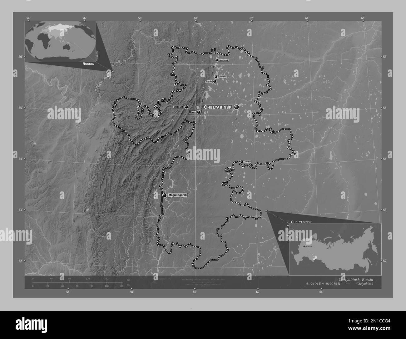 Chelyabinsk, region of Russia. Grayscale elevation map with lakes and ...